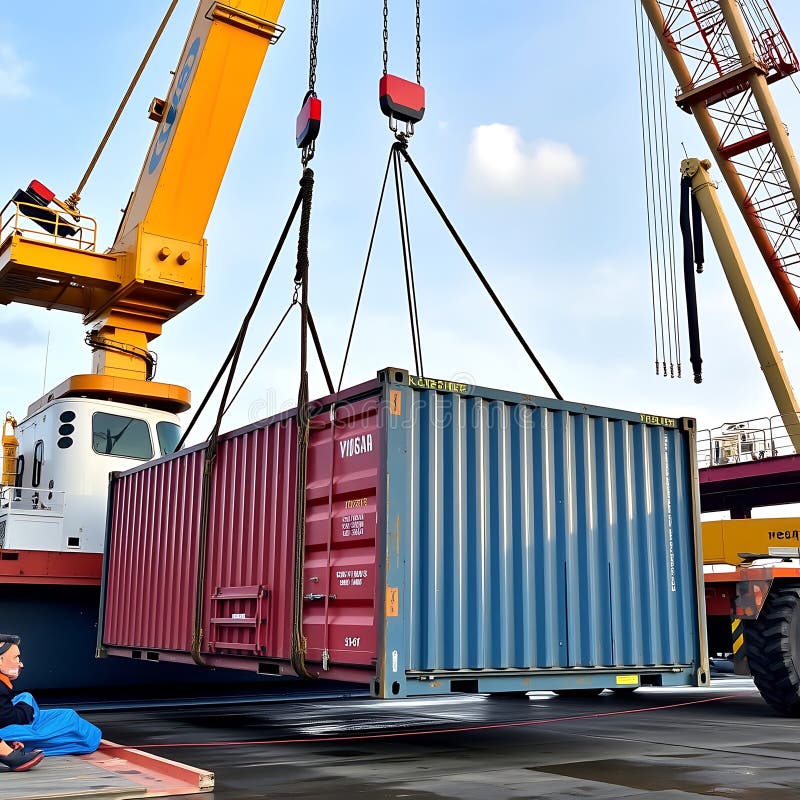 A Set of Lifting Slings Securing a Large Cargo Container on a Dock with ...