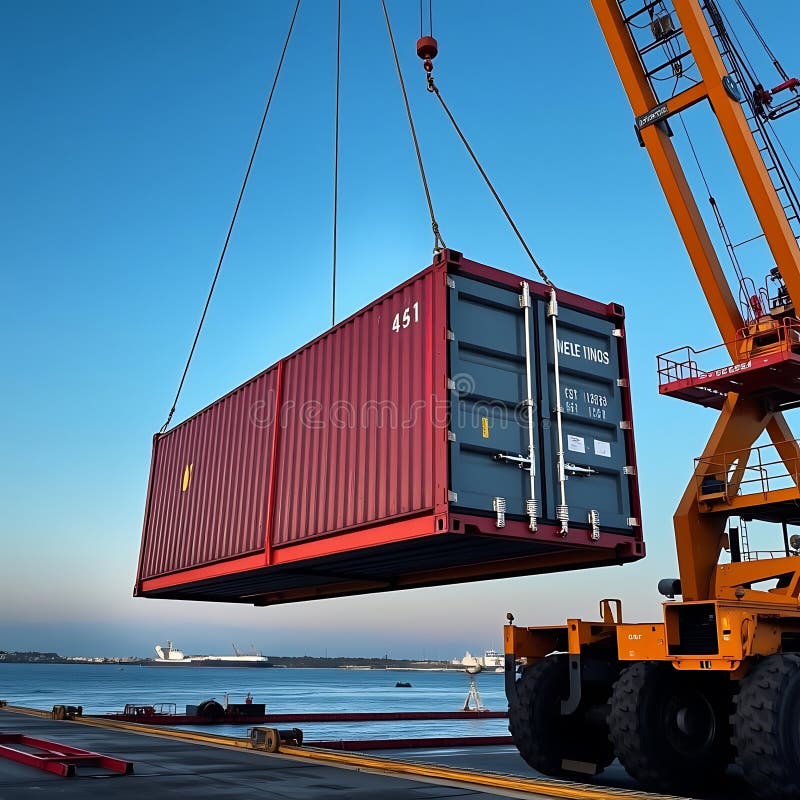 A Set of Lifting Slings Securing a Large Cargo Container on a Dock with ...