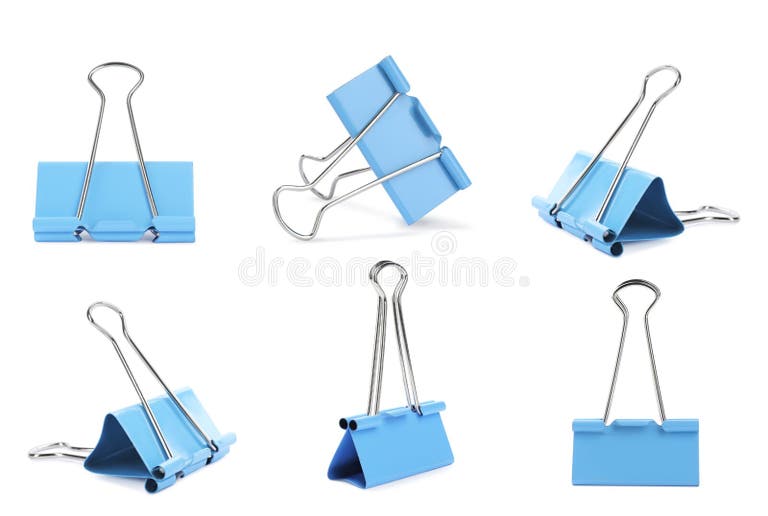 Set with Light Blue Binder Clips on White Background Stock Photo ...