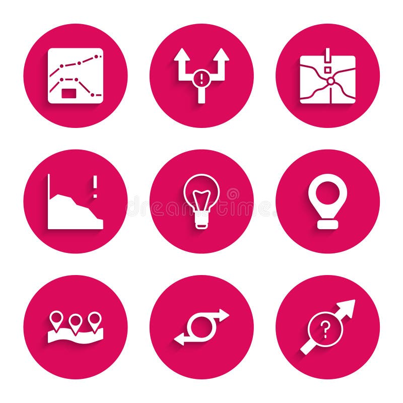 Set Light Bulb, Arrow, Location, Financial Growth Decrease, Intersection Point and Graph, Chart ...