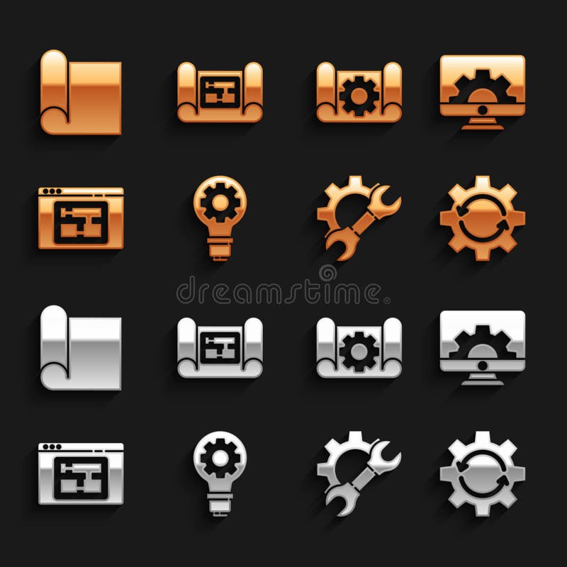 Set Light Bulb and Gear, Computer Monitor, Gear Arrows As Workflow ...