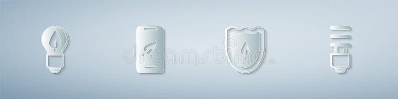 Set Light Bulb with Leaf, Mobile Phone, Shield and LED Light. Paper Art ...