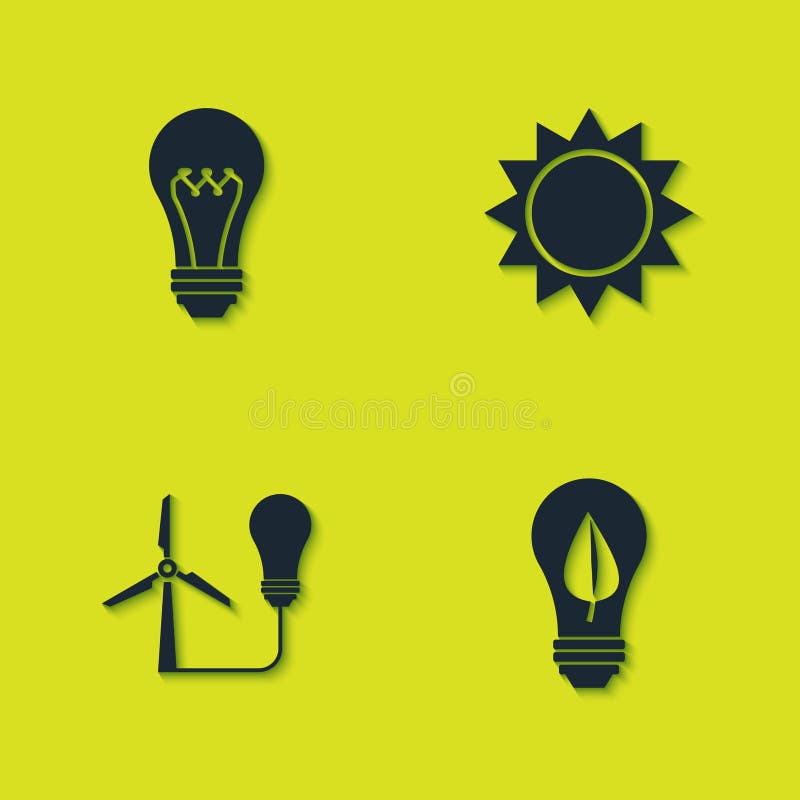 Set Light Bulb, with Leaf, Wind Turbine and Sun Icon. Vector Stock ...
