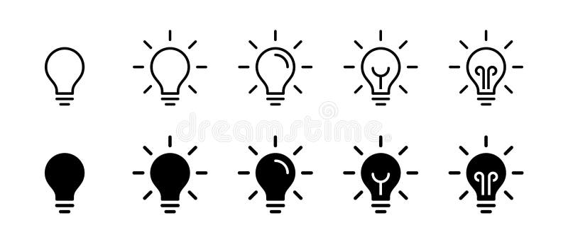 Set of Light Bulb Vector Icons. Black Icons Lamps or Bulb and Rays ...