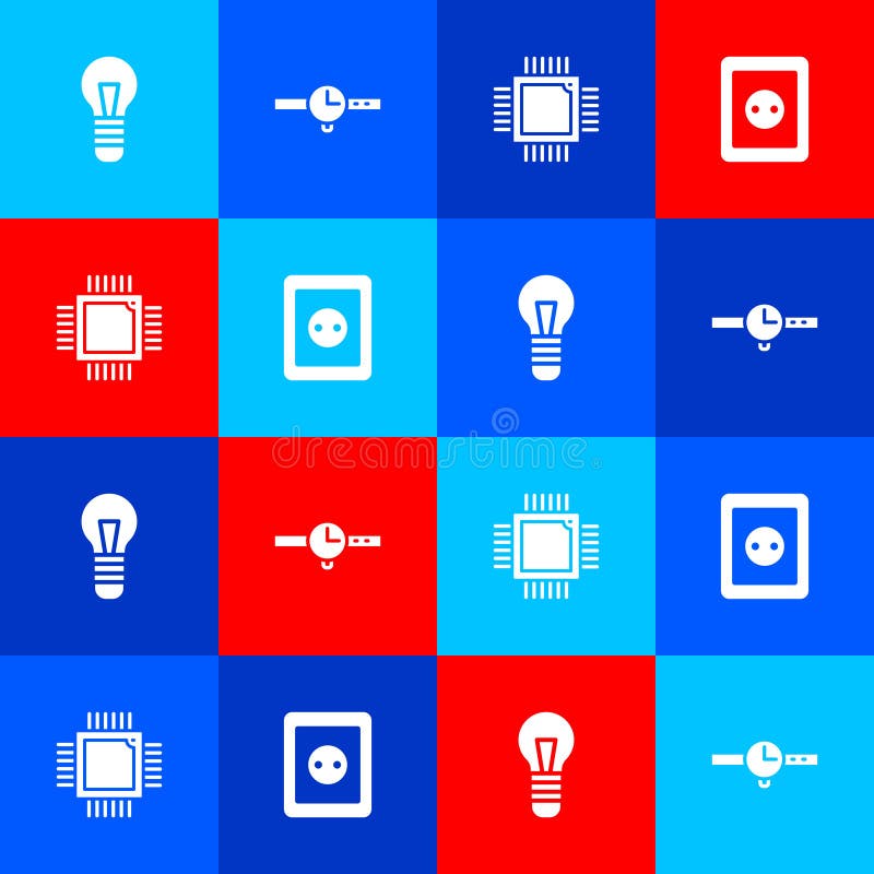 Set Light Bulb, Wrist Watch, Processor with Microcircuits CPU and Electrical Outlet Icon. Vector ...
