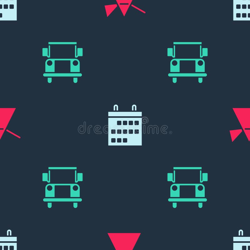 Set Light Rays in Prism, Calendar and School Bus on Seamless Pattern ...