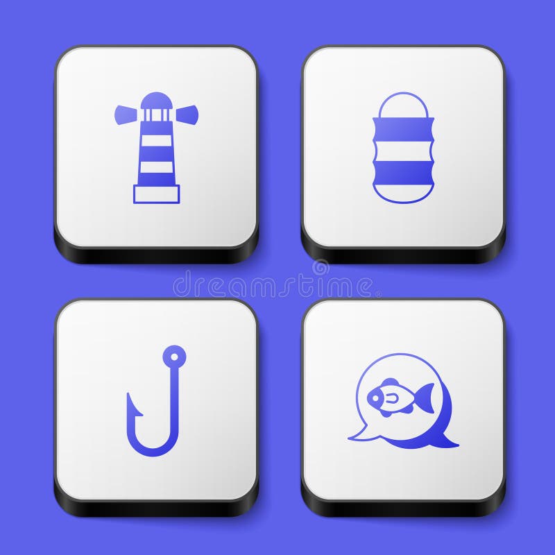 Set Lighthouse, Fishing Net, Hook and Icon. White Square Button. Vector ...