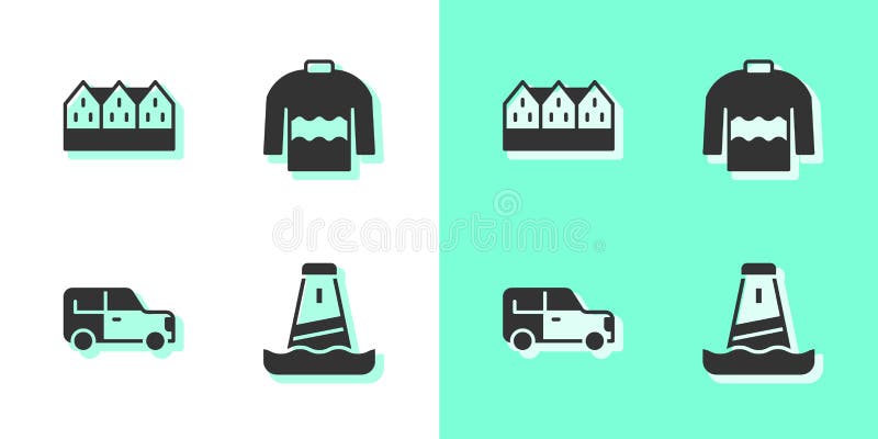 Set Lighthouse, Norwegian Wooden, Car and Sweater Icon. Vector Stock ...