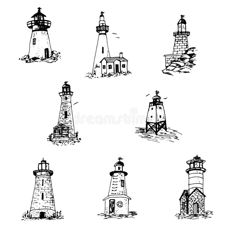 Set with Lighthouses. Linear Illustration. Black and White Drawing on a ...