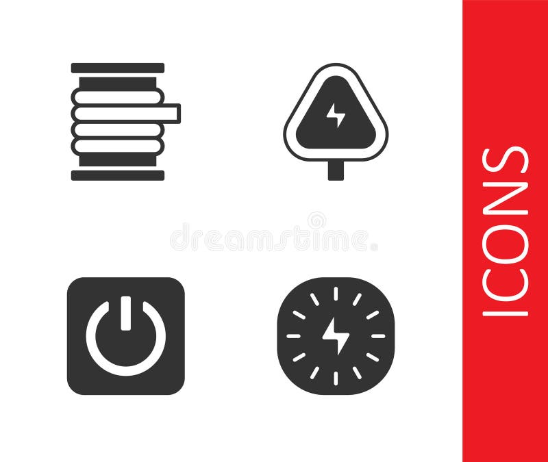 Set Lightning Bolt, Wire Electric Cable on Reel, Power Button and High ...