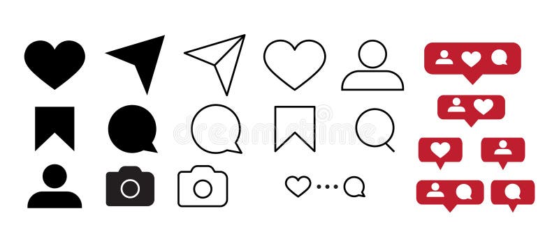 Set of Like Comment, Camera, User, Share, Save, Like Buttons Icons for ...