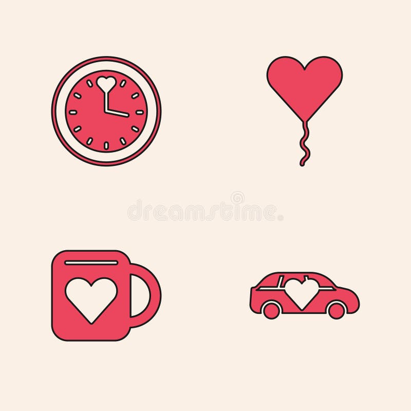 Set Limousine Car, Clock, Balloon Form of Heart and Coffee Cup and Icon ...