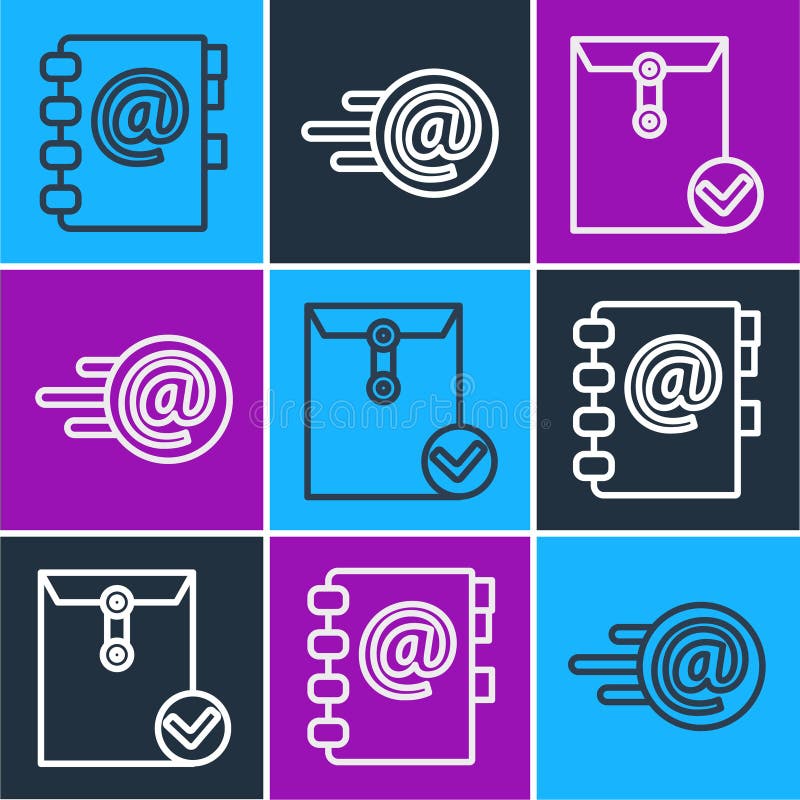 Set Line Address Book, Envelope and Check Mark and Mail and E-mail Icon ...