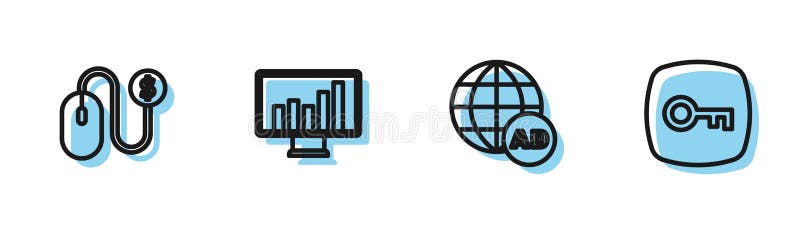 Set Line Advertising, , Monitor with Graph Chart and Key Icon. Vector ... Set Line Advertising, , Monitor with Graph Chart and Key Icon. Vector ...
