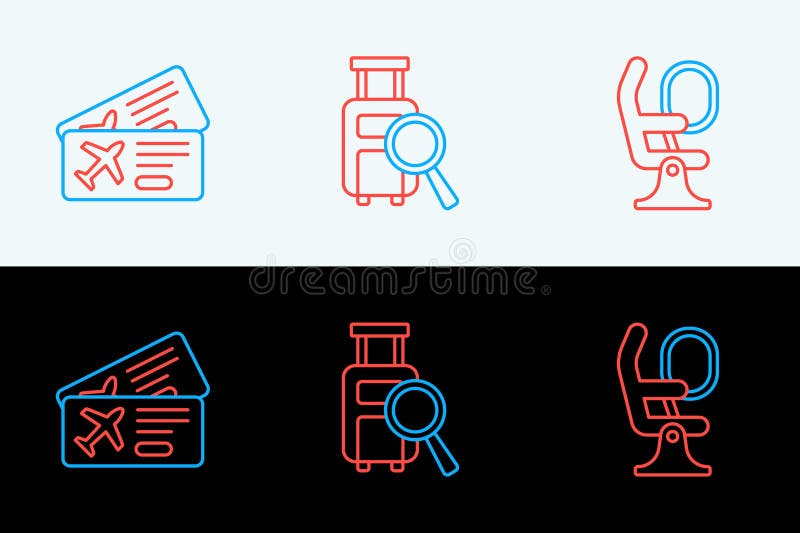 Set Line Airplane Seat, Airline Ticket and Lost Baggage Icon. Vector ...