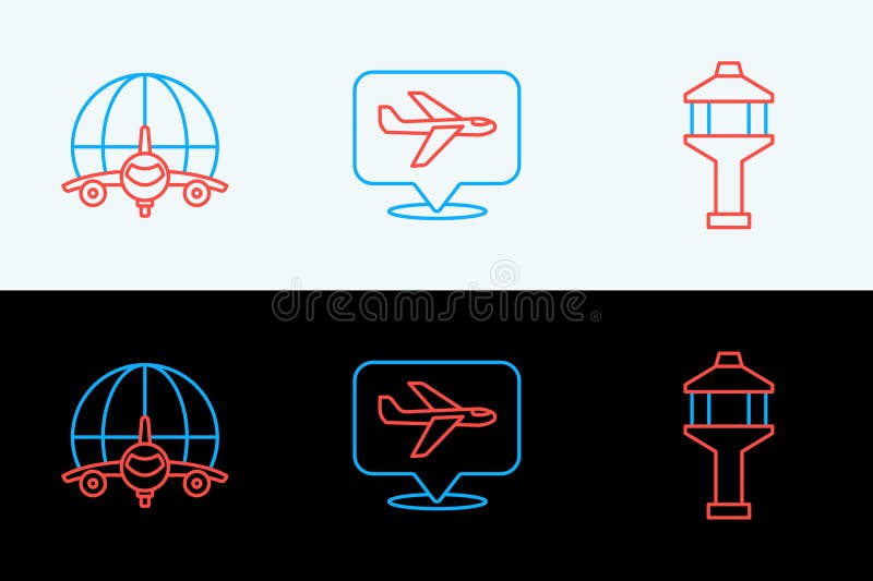 Set Line Airport Control Tower, Globe with Flying Plane and Plane Icon ...