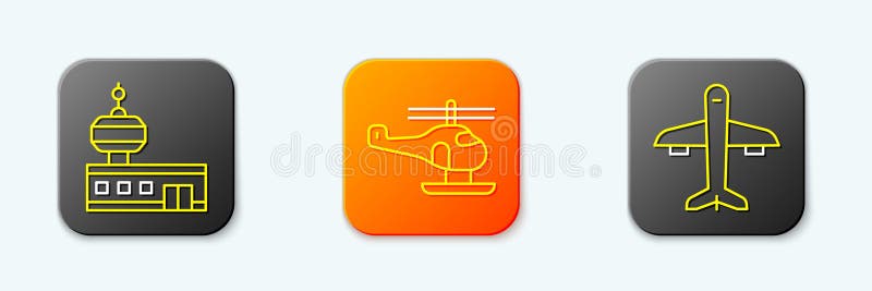Set Line Airport Control Tower, Helicopter and Plane Icon. Vector Stock ...