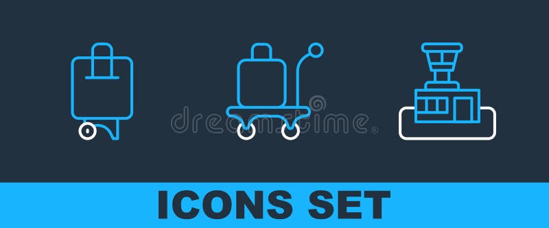 Set Line Airport Control Tower, Suitcase and Trolley Baggage Icon ...