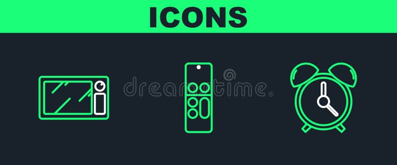 Set Line Alarm Clock, Microwave Oven and Remote Control Icon. Vector ...