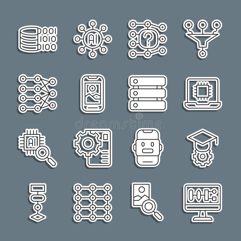 Set Line Algorithm Graduation Cap Processor Cpu Neural Network Mobile Phone Binary Code And