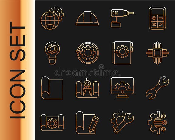 Set Line Algorithm, Wrench Spanner, Processor with Microcircuits CPU, Electric Drill Machine ...