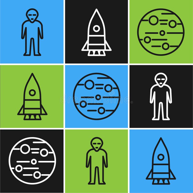 Set Line Alien, Planet Mars and Rocket Ship Icon. Vector Stock Vector ...
