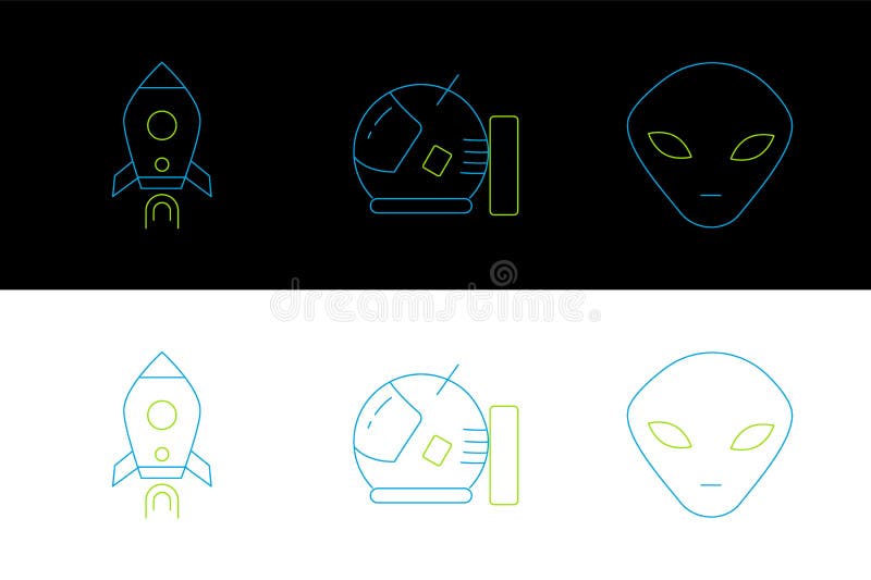 Set Line Alien, Rocket Ship with Fire and Astronaut Helmet Icon. Vector ...