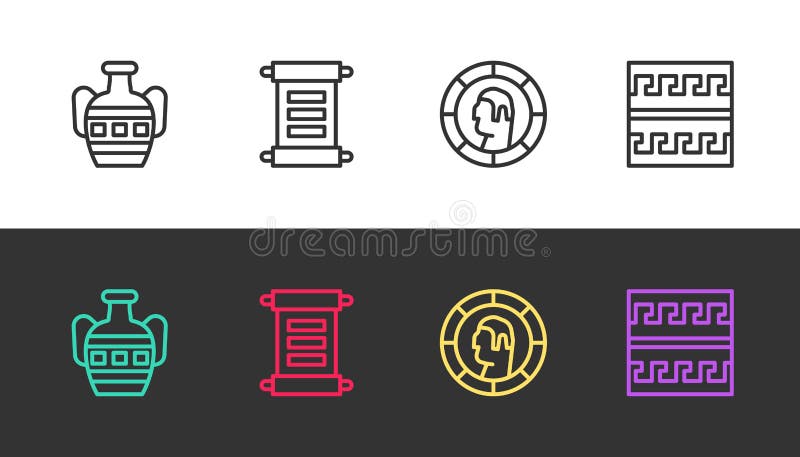 Set Line Ancient Amphorae, Decree, Parchment, Scroll, Greek Coin and ...