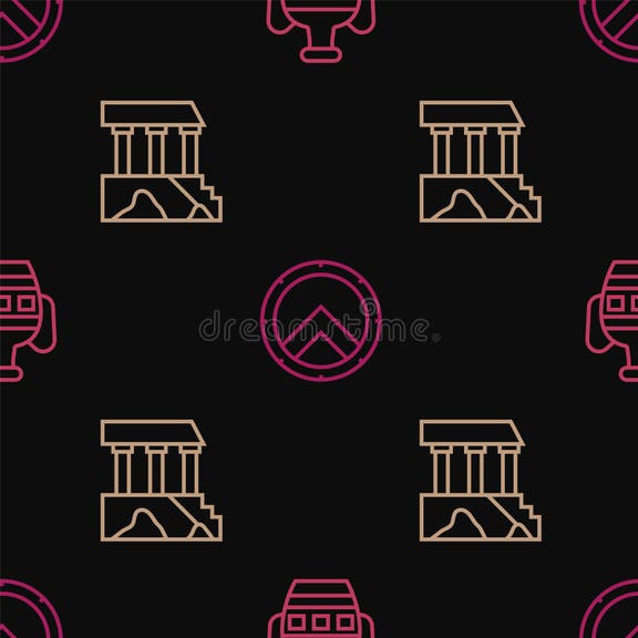 Set Line Ancient Amphorae, Parthenon and Greek Shield on Seamless ...