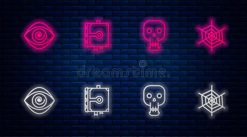 Set Line Ancient Magic Book, Skull, Hypnosis and Spider Web. Glowing ...