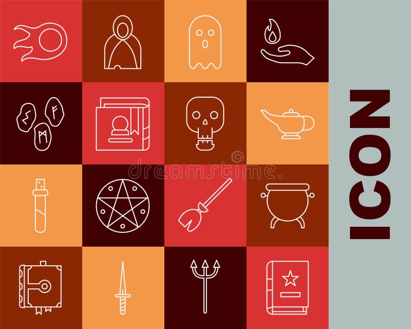 Set Line Ancient Magic Book, Witch Cauldron, Magic Lamp or Aladdin ...