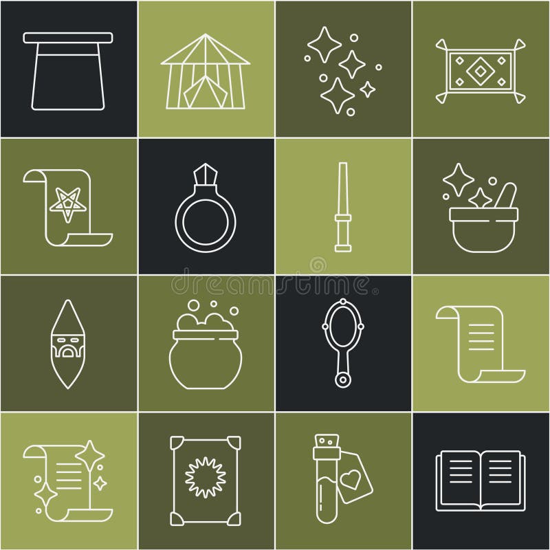 Set Line Ancient Magic Book, Witch Cauldron, Sparkle Stars with, Magic ...