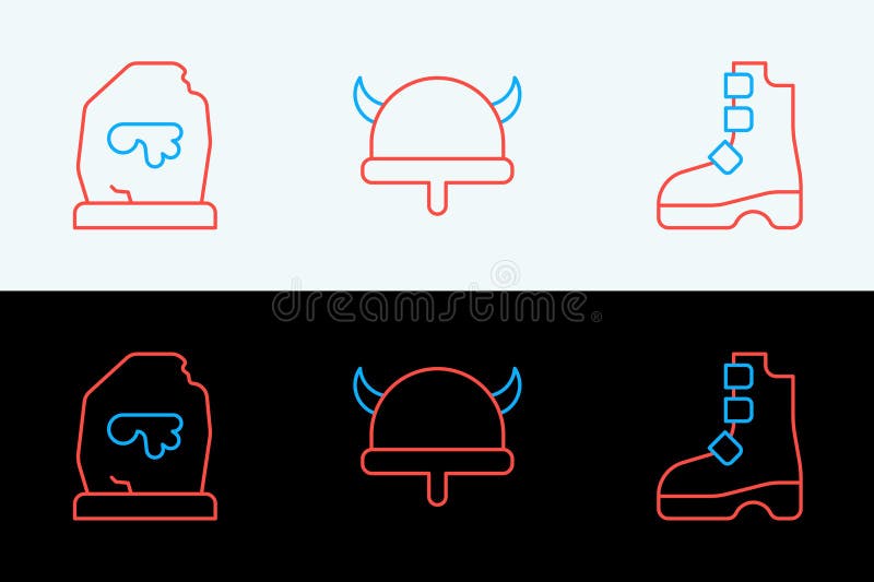 Set Line Ancient Viking Boots, Magic Rune and Viking Horned Helmet Icon ...