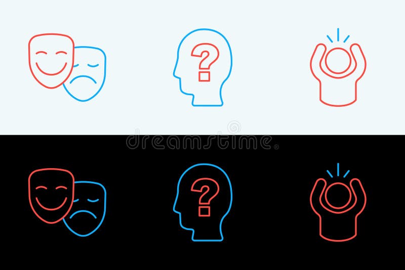 Set Line Anger, Comedy and Tragedy Masks and Head with Question Mark ...