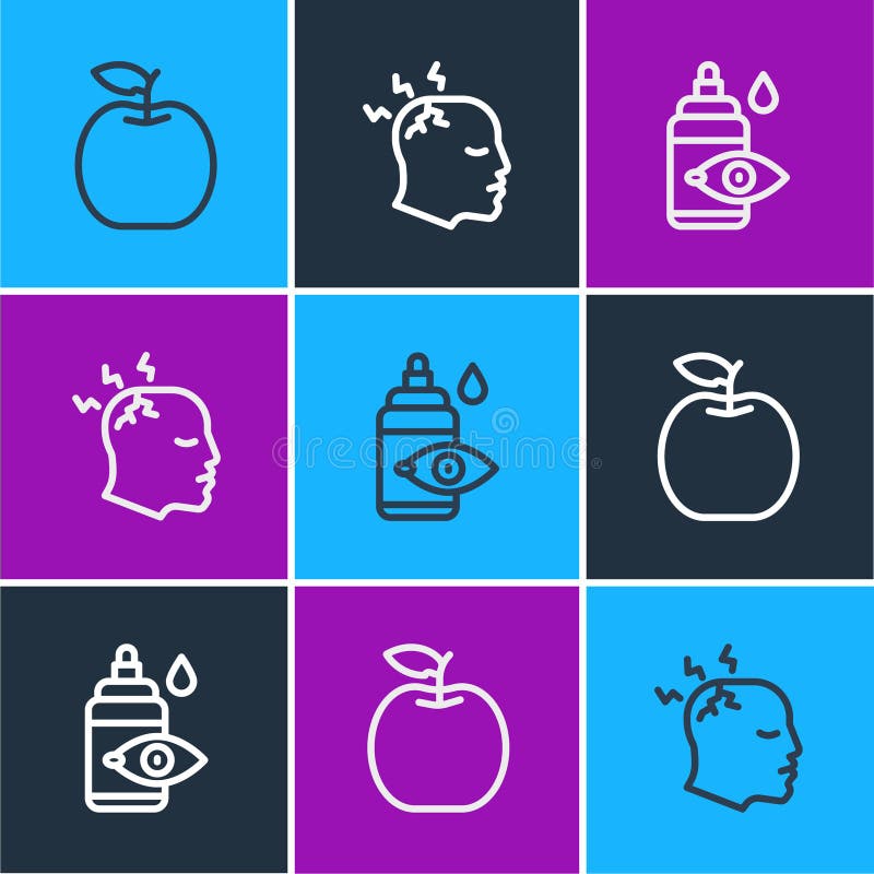 Set Line Apple, Eye Drop Bottle and Man Having Headache Icon. Vector ...