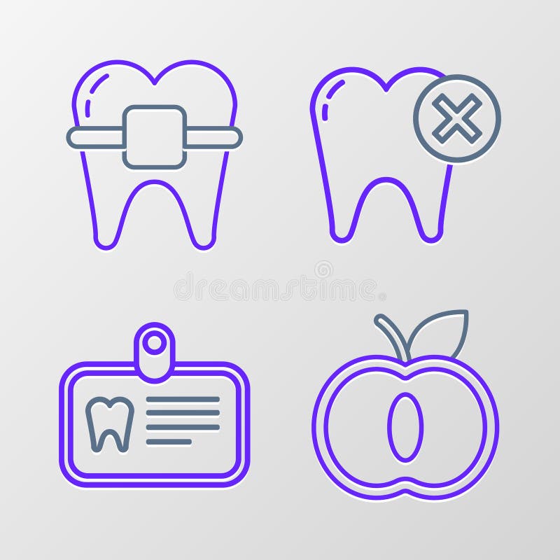 Set Line Apple, Id Card with Tooth, Tooth Caries and Teeth Braces Icon ...