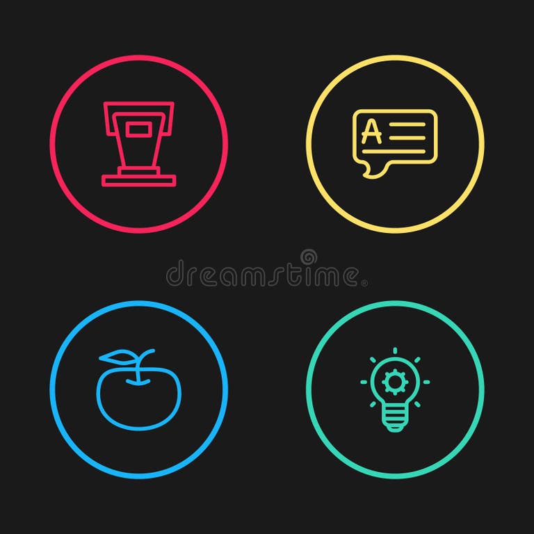 Set Line Apple, Light Bulb, Speech Bubbles with Answer and Stage Stand ...