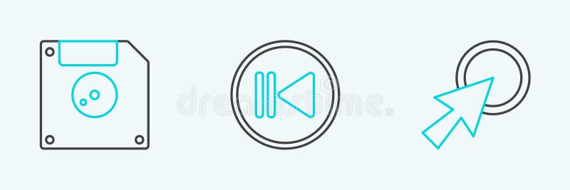 Set Line Arrow Cursor, Floppy Disk for Computer Data Storage and Rewind Icon. Vector Stock ...