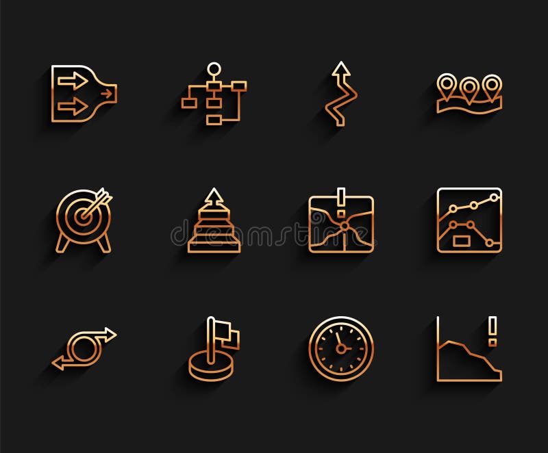 Set Line Arrow, Flag, Clock, Financial Growth Decrease, Pyramid Chart Infographics, Graph, Chart ...