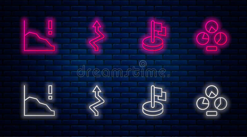 Set Line Arrow, Flag, Financial Growth Decrease and Pie Chart Infographic. Glowing Neon Icon on ...