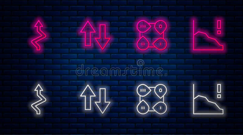Set Line Arrow, Infographic Element, and Financial Growth Decrease. Glowing Neon Icon on Brick ...