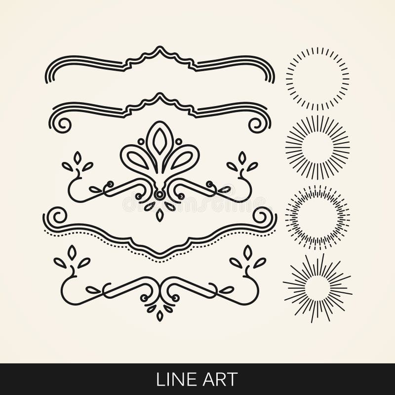 Set of Line Art Elements for Design, Sunburst and Ray Lights Shapes ...