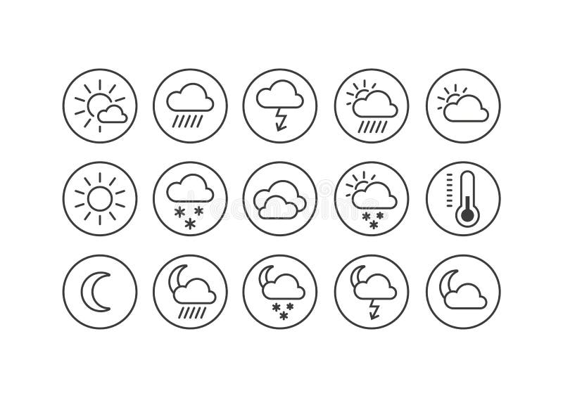 Set of Line Art Icons on the Weather Theme in the Round Frame Stock ...