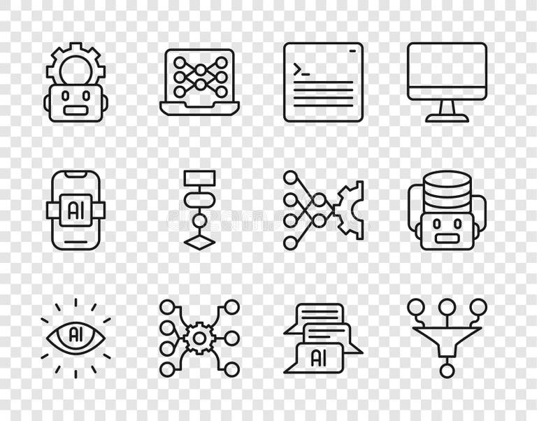 Set Line Artificial Intelligence AI, Funnel or Filter, Web Developer Programming Code, Neural ...