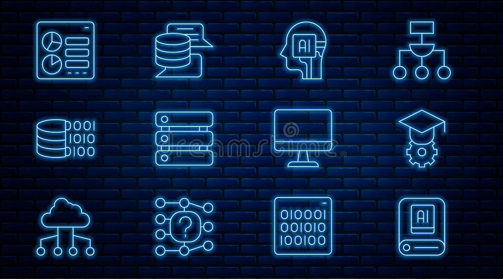 Set Line Artificial Intelligence AI, Graduation Cap, Humanoid Robot, Server, Data, Binary Code ...