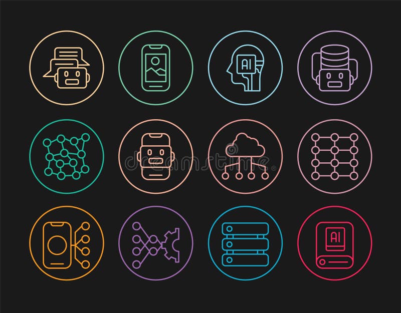 Set Line Artificial Intelligence AI, Neural Network, Humanoid Robot, Chat, Network Cloud ...