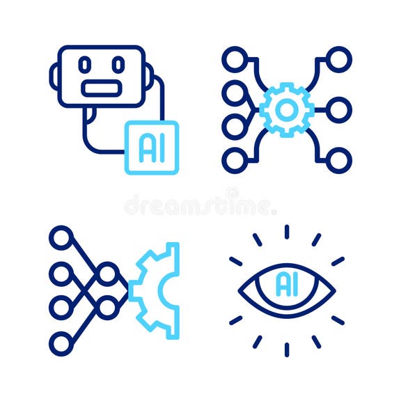 Set Line Artificial Intelligence AI, Neural Network, and Robot Icon. Vector Stock Vector ...