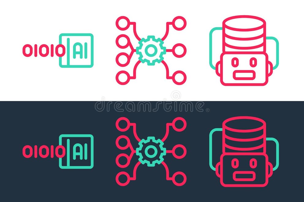 Set Line Artificial Intelligence Robot Binary Code And Neural Network