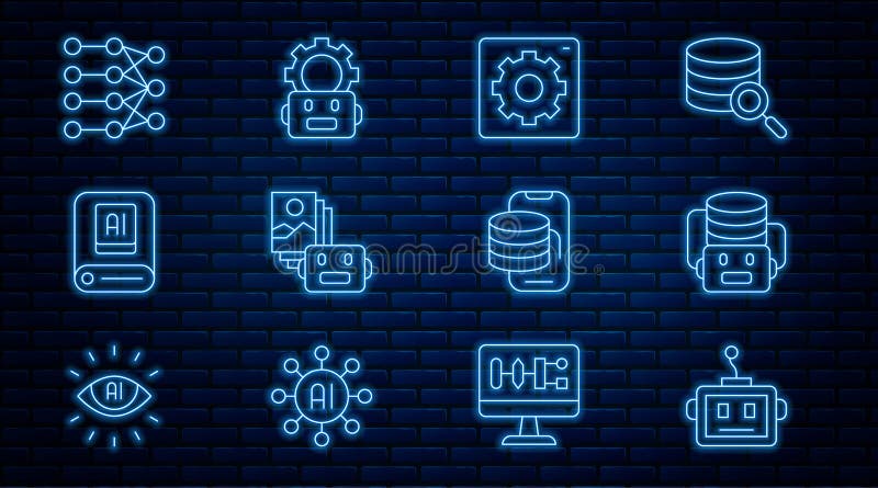 Set Line Artificial Intelligence Robot, Computer Api Interface, AI, Neural Network, Cloud ...