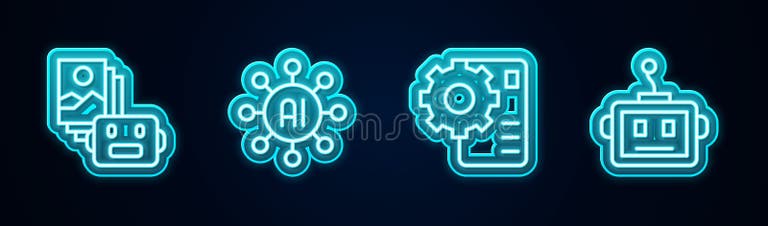 Set Line Artificial Intelligence Robot, Neural Network, and . Glowing Neon Icon. Vector Stock ...